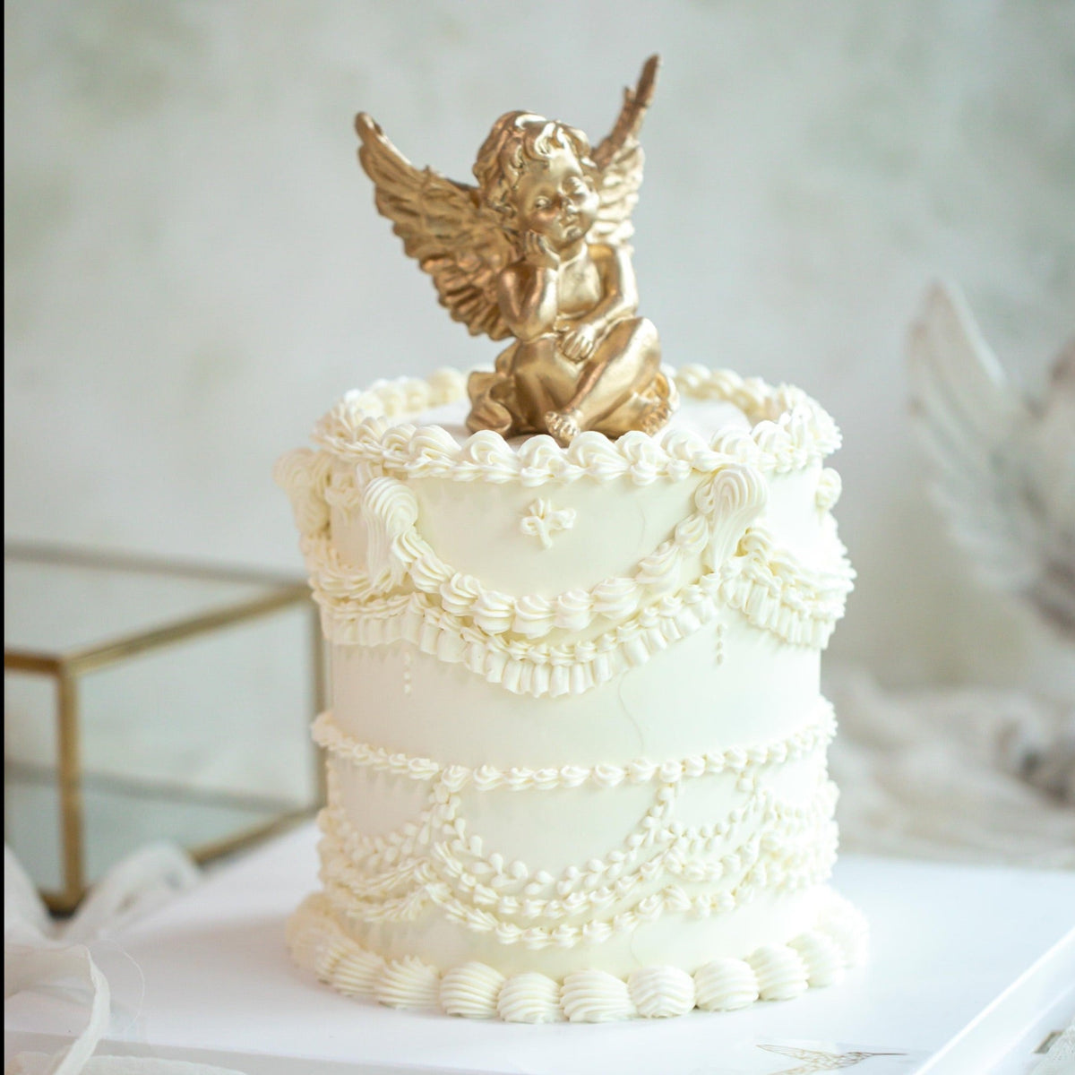 Freestyle Vintage Baroque Style Buttercream Cake with Gold Angel (Whit ...